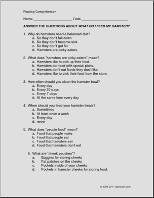 Comprehension: What Do I Feed My Hamster? (elementary) – Abcteach
