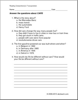 Comprehension: Cars (primary) | Abcteach