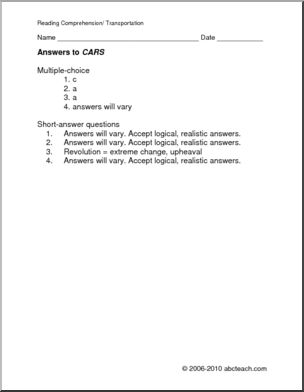 Comprehension: Cars (primary) | Abcteach