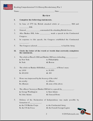 Comprehension: Revolutionary War 1 — Bunker Hill Bravery – Abcteach