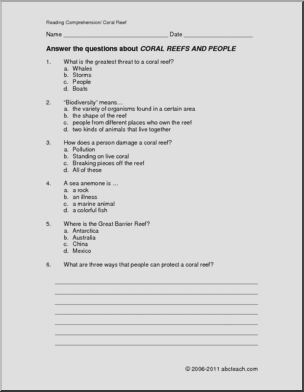 Comprehension: Coral Reefs and People (upper elem/middle) | Abcteach