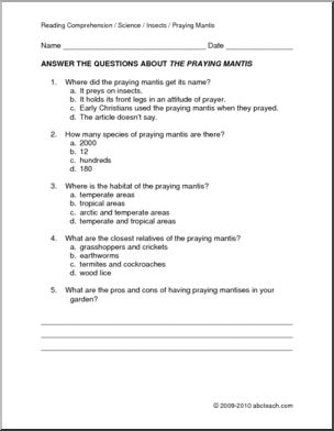 Science Praying Mantis (upper elem/middle) Comprehension I abcteach.com