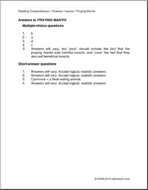 Science Praying Mantis (upper elem/middle) Comprehension I abcteach.com
