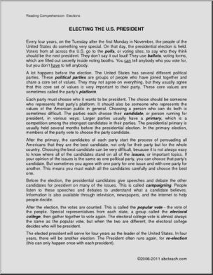 Comprehension: Elections - U.S. President (upper elem/middle) | Abcteach