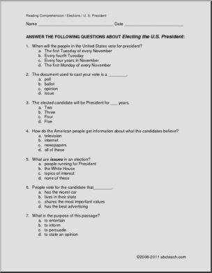 Comprehension: Elections - U.S. President (upper elem/middle) | Abcteach