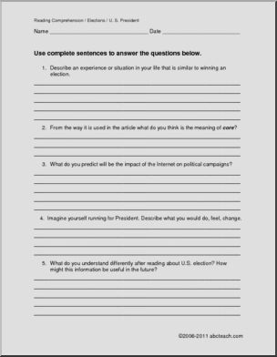 Comprehension: Elections - U.S. President (upper elem/middle) | Abcteach