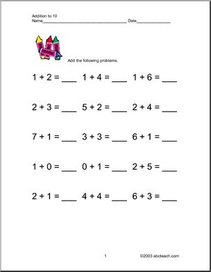 Addition up to 10 (horizontal) Worksheets – Abcteach