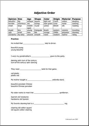 Rules and Practice: Adjective Order (elem/ESL) – Abcteach