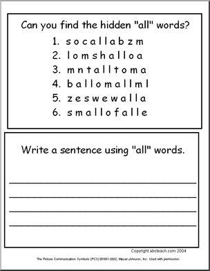 "all" words (version 1) Word Family Booklet I abcteach.com