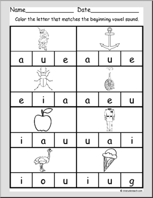 Beginning Vowels – worksheet set’ Pre-Reading – Abcteach