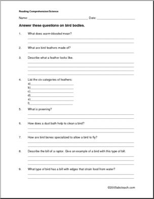 Comprehension: Birds (upper elem/ middle) – Abcteach