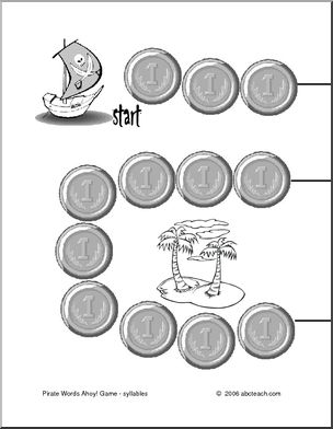 Pirate Words Ahoy! (primary) b/w Board Game I abcteach.com
