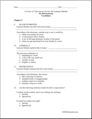 Lemony Snicket's "The Bad Beginning" (vocabulary) (elem/upper elem ...