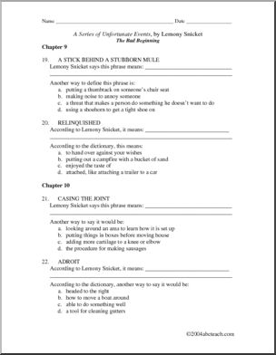 Lemony Snicket's "The Bad Beginning" (vocabulary) (elem/upper elem ...