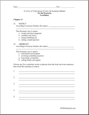 Lemony Snicket's "The Bad Beginning" (vocabulary) (elem/upper elem ...