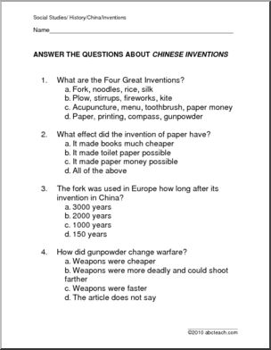 Comprehension: Inventions of China (elementary) – Abcteach