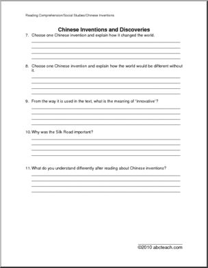 Comprehension: Chinese Inventions (upper elem/middle) | Abcteach