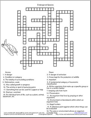 Crossword: Endangered Species (elem/upper elem) | Abcteach