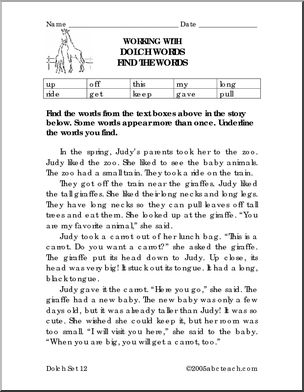 Set 12' Dolch Reading I abcteach.com