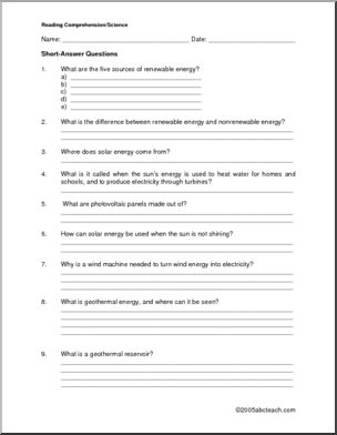 Comprehension: Renewable Energy (upper elementary/ middle) | Abcteach