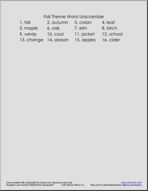 Word Unscramble: Fall Theme | Abcteach