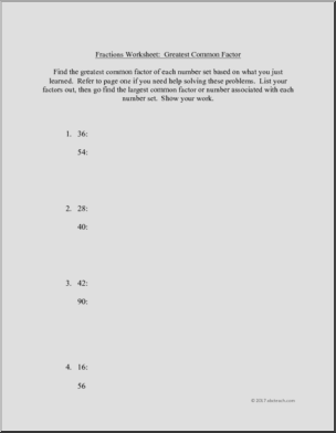 Greatest Common Factor Worksheets - Algebra - Fraction Worksheets - GCF