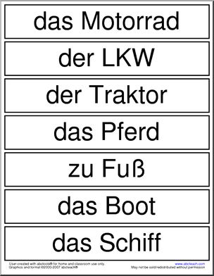 German: Word Wall - Transportation | Abcteach