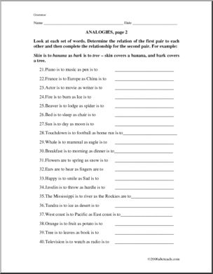 Analogies (elem/upper elem) I abcteach.com