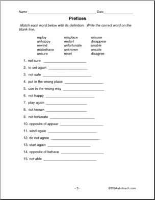 Rules and Practice: Prefixes - RE, DIS, UN, MIS | Abcteach
