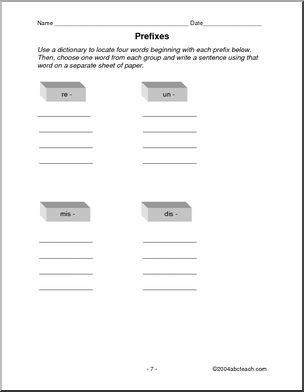 Rules and Practice: Prefixes - RE, DIS, UN, MIS | Abcteach