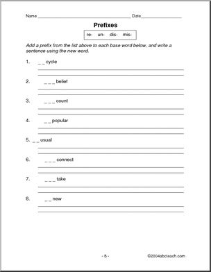 Rules and Practice: Prefixes - RE, DIS, UN, MIS | Abcteach