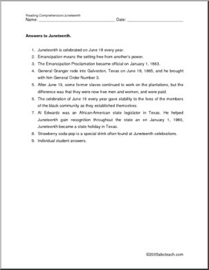 Comprehension: Juneteenth (upper elementary) | Abcteach