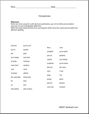 French: Homophone Exercise | Abcteach