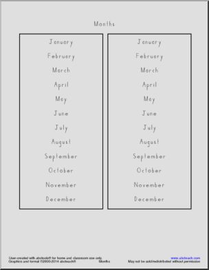 Months Set (HWT Manuscript) Spelling Unit I abcteach.com