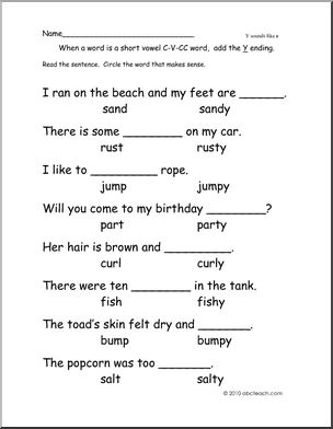 “Y” Ending Words (primary/elem) Phonics – Abcteach