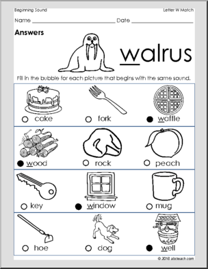 Match - Letter W' Beginning Sounds I abcteach.com