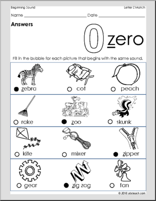 Match - Letter Z' Beginning Sounds I abcteach.com