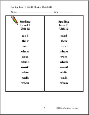 Level 1, Unit 12 High Frequency Spelling I abcteach.com