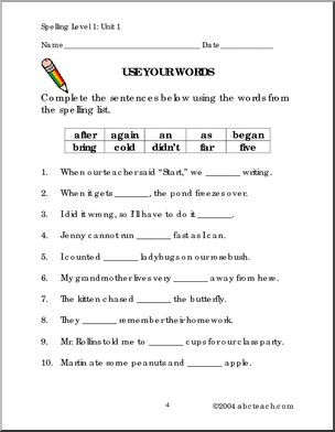 Level 1, Unit 1 (primary) High Frequency Spelling I abcteach.com