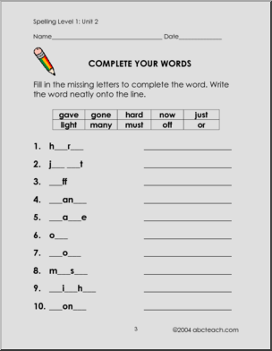 Level 1, Unit 5 High Frequency Spelling – Abcteach