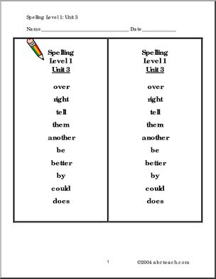 Level 1, Unit 3 High Frequency Spelling I abcteach.com