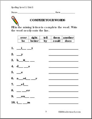 Level 1, Unit 3 High Frequency Spelling I abcteach.com