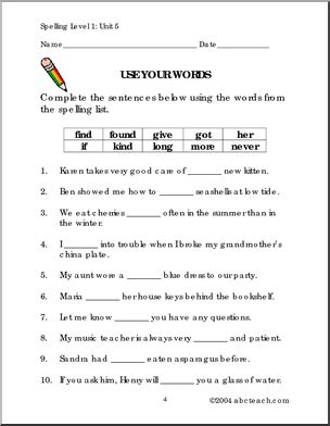 Level 1, Unit 5 High Frequency Spelling I abcteach.com