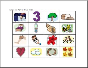 Long and Short E Vowel Sounds (color) Bingo Cards I abcteach.com