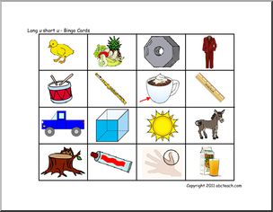 Long and Short U Vowel Sounds (color) Bingo Cards I abcteach.com