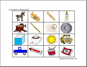 Long and Short U Vowel Sounds (color) Bingo Cards I abcteach.com