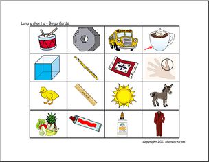 Long and Short U Vowel Sounds (color) Bingo Cards I abcteach.com