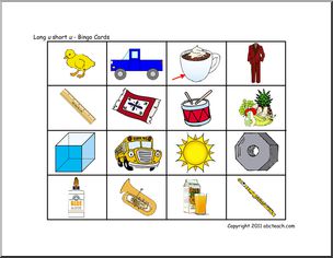 Long and Short U Vowel Sounds (color) Bingo Cards I abcteach.com