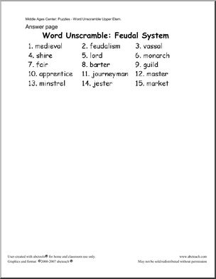 Unscramble the Words: Feudal System (upper elem) – Abcteach