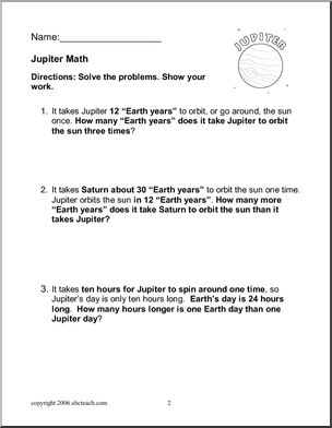 Worksheets: Outer Planet Math (elem/ upper elem) | Abcteach